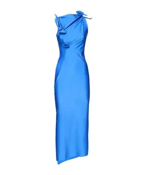 Coperni Asymmetrical Stretch Jersey Dress With Flower Appliqués - Blue
