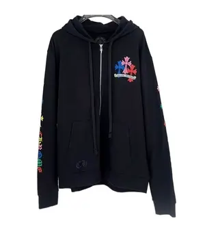 Chrome Hearts Long Sleeve Zip Up Hoodie With Embellished Cross Graphics