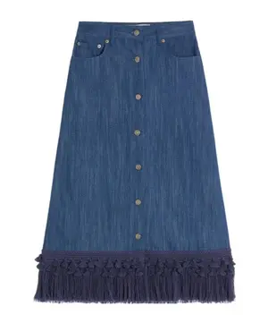 Valentino Garavani Denim Midi Skirt With Fringed Hem