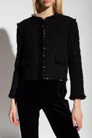 Tory Burch Tweed Roundneck Jacket With Tassel And Tulle Trim