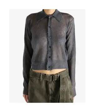 Auralee Sheer Knit Lapel Collar Cardigan - Top Charcoal