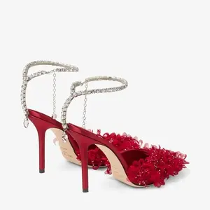 JIMMY CHOO Saeda 100 Floral Embellished Crystal Anklet Stiletto Heels
