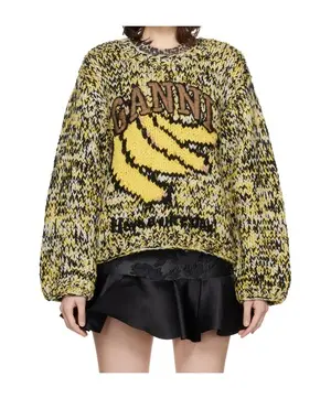 GANNI Wool Hand-knitted Crew Neck Sweater With Intarsia Banana And Logo - Multicolor
