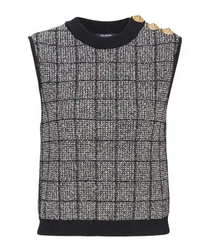 Balmain Sleeveless Tweed Crop Top With Lion Head Buttons