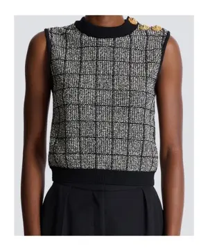 Balmain Sleeveless Tweed Crop Top With Lion Head Buttons