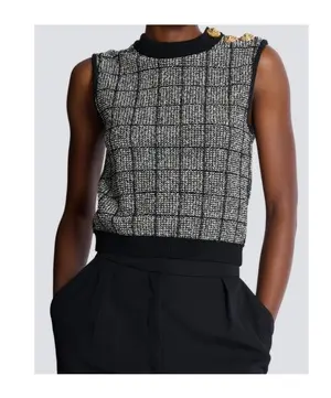 Balmain Sleeveless Tweed Crop Top With Lion Head Buttons