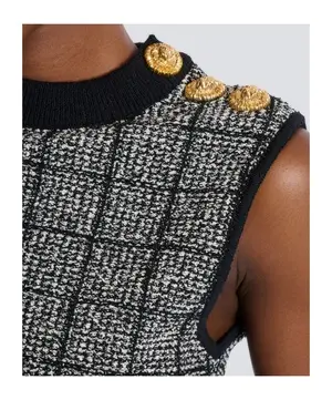Balmain Sleeveless Tweed Crop Top With Lion Head Buttons