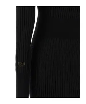 Fendi Ribbed-knit Long Sleeve Drawstring Midi Dress