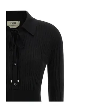 Fendi Ribbed-knit Long Sleeve Drawstring Midi Dress