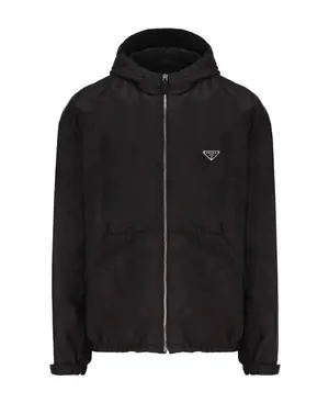 Prada Zip-up Hooded Jacket With Enameled Logo Plaque - Black