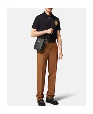 Versace Logo Embroidered Short-sleeved Polo Shirt - Black