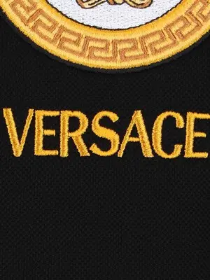 Versace Logo Embroidered Short-sleeved Polo Shirt - Black