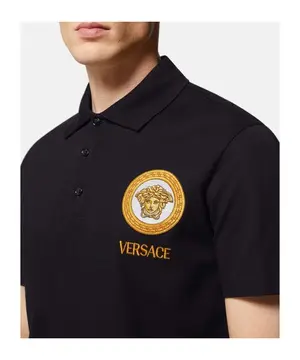 Versace Logo Embroidered Short-sleeved Polo Shirt - Black
