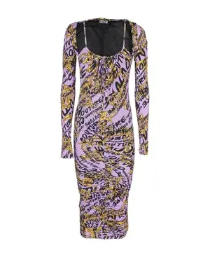 Versace Ruched Logo Printed Midi Dress
