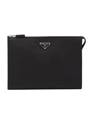 Prada Logo Plaque Zipped Clutch Bag - Black