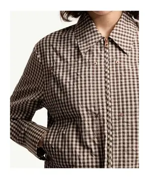 Moncler Gingham Logo Patch Zip-up Shirt Jacket - Nude
