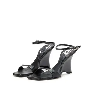 DIESEL® Lizard-effect Wedge Sandals With D-shaped Buckle - Black