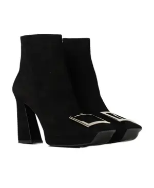 ROGER VIVIER Suede Platform Ankle Boots With Metal Buckle