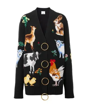 Burberry V-neck Farm Animal Intarsia Knit Cardigan