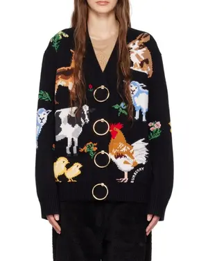 Burberry V-neck Farm Animal Intarsia Knit Cardigan