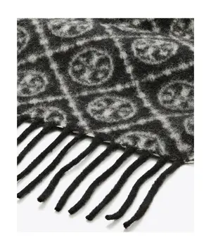 Tory Burch T Monogram Printed Fringed Scarf - Black