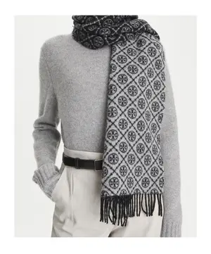 Tory Burch T Monogram Printed Fringed Scarf - Black