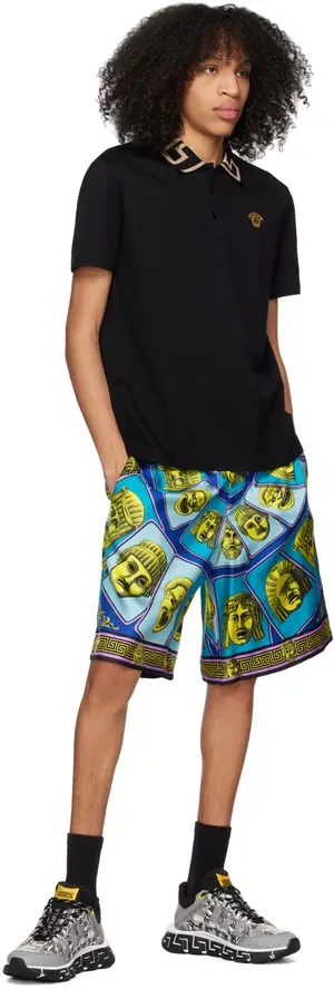 Versace Le Maschere" Printed Straight Leg Shorts - Blue