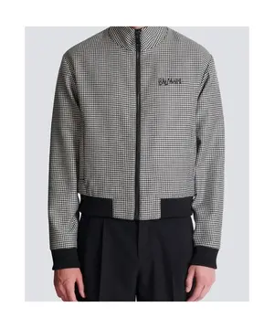 Balmain Houndstooth Wool Jacket With High Neck - Black