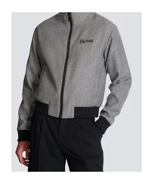 Balmain Houndstooth Wool Jacket With High Neck - Black