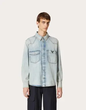 Valentino Garavani Logo Plaque Long-sleeved Denim Shirt - Gray