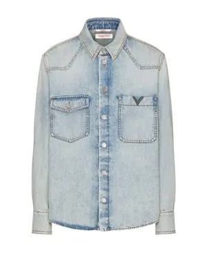 Valentino Garavani Logo Plaque Long-sleeved Denim Shirt - Gray