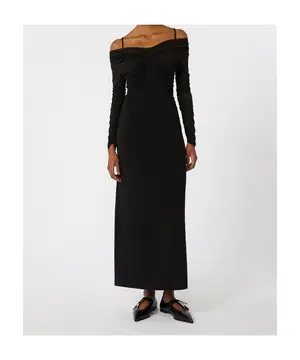 Max Mara Long Flowy Jersey Dress With Tulle Sleeve Detail