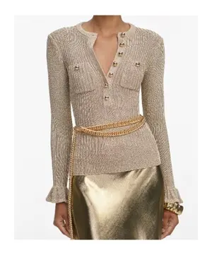SELF-PORTRAIT Ribbed-knit Lurex Jumper With Ruffled Cuffs And Belt