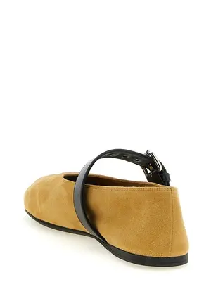 Miu Miu Suede Ballerinas With Embroidered Logo And Buckled Straps - Brown