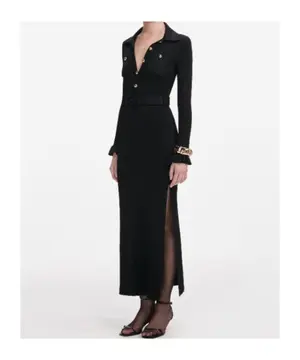 SELF-PORTRAIT Ribbed Knit Maxi Dress With Frill Cuffs And Side Split