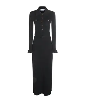 SELF-PORTRAIT Ribbed Maxi Dress With Frill Trim Cuffs And Front Button Closure - Black