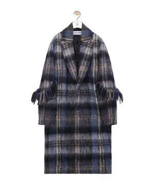 Loewe Relaxed Fit Checked Coat With Fringe Detail - Blue/multicolor