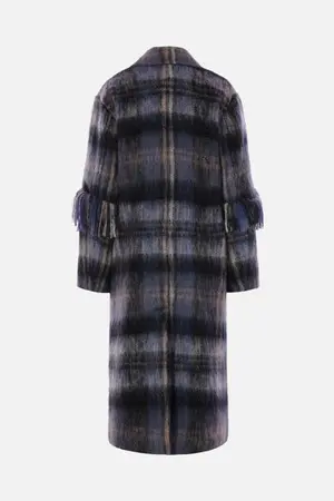 Loewe Relaxed Fit Checked Coat With Fringe Detail - Blue/multicolor