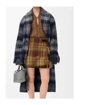 Loewe Relaxed Fit Checked Coat With Fringe Detail - Blue/multicolor