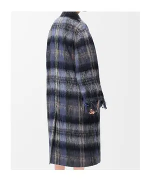 Loewe Relaxed Fit Checked Coat With Fringe Detail - Blue/multicolor