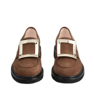 ROGER VIVIER Suede Loafers With Metal Buckle - Brown