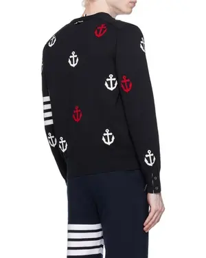 Thom Browne 4-bar Anchor Intarsia V-neck Cardigan