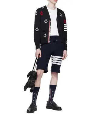 Thom Browne 4-bar Anchor Intarsia V-neck Cardigan