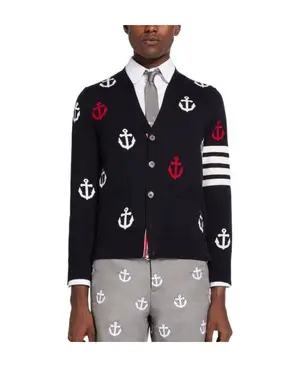 Thom Browne 4-bar Anchor Intarsia V-neck Cardigan