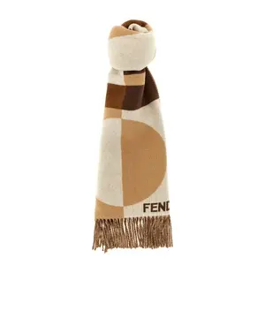 Fendi Geometric Pattern Fringed Knit Scarf