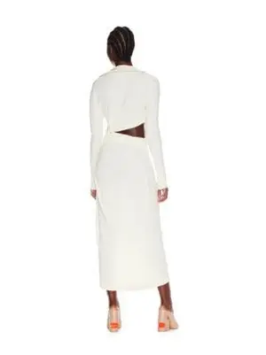 Off-White Ruched V-neck Long Sleeve Dress - White