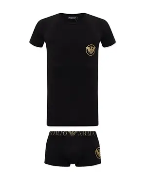 Emporio Armani Logo Print Cotton Lounge Set - Black