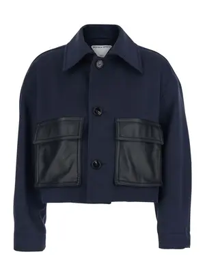 Bottega Veneta Long Sleeved Buttoned Jacket With Leather Pockets - Midnight Blue