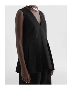 JIL SANDER Gabardine Pleated V-neck Sleeveless Top - Black