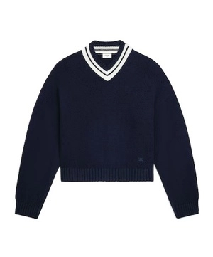 Celine V-neck Cashmere Sweater With Triumphal Embroidery - Navy/white